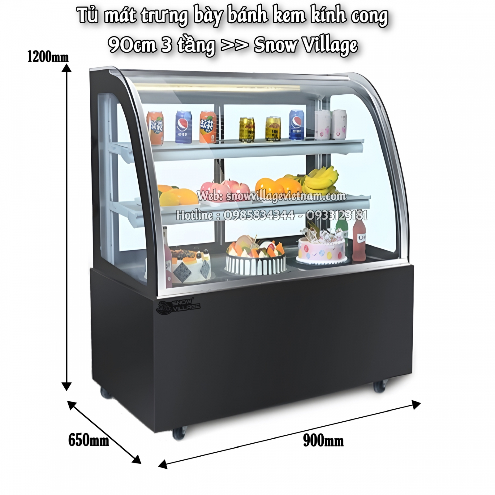 Tủ bánh kem kính cong 90cm Snow Village